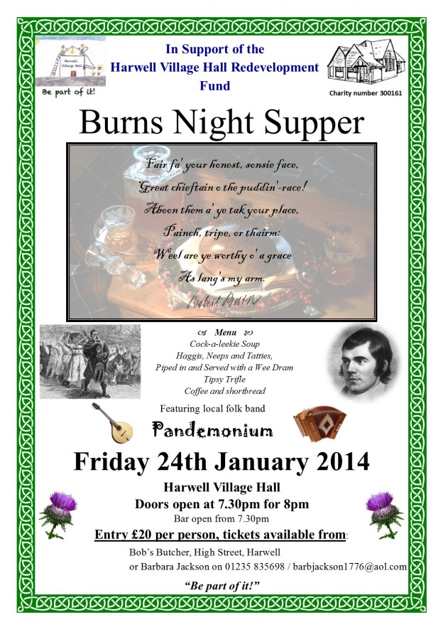 Burns Night Supper poster A4 v1 | Harwell Village Hall
